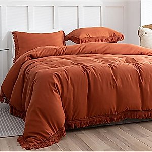 Smoofy Comforter Set Queen Size Terracotta 3 Pcs Boho Fringe Tufted Soft Microfiber Bedding Sets, Tassel Burnt Orange Comforter Sets for All Season (1 Comforter + 2 Pillowcases)