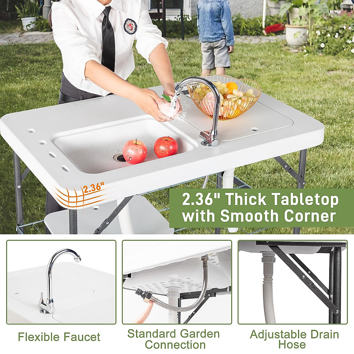 Outvita Fish Cleaning Table Folding Portable Camping Sink Table with Sink Faucet Drainage Hose/Outdoor Camping Table with Grid Rack & Knife Groove,Fish Fillet Hunting Cleaning Cutting Table,White