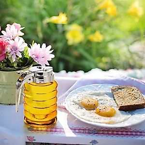 Hacaroa 4 Pack Glass Syrup Dispenser, 10 Oz Maple Syrup Pourer Container with Plastic Top, No Drip Honey Syrup Holder Dispenser Bottles for Honey, Syrup