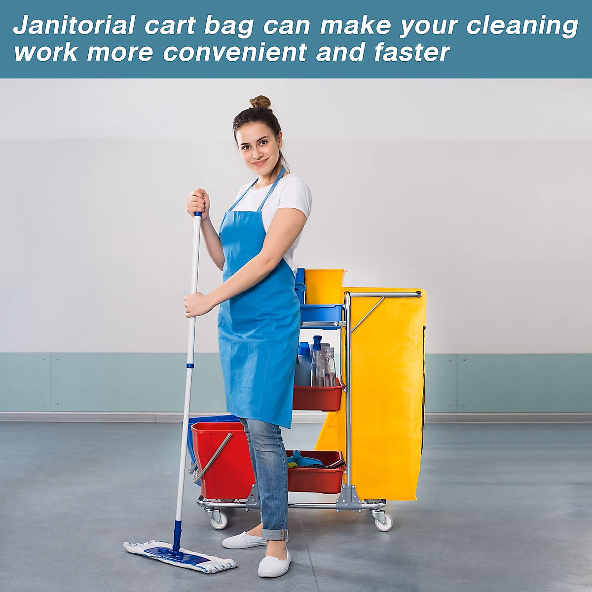Cleaning Cart Bag Zippered Front Replacement Janitorial Cart Bag 24 Gallon Large Capacity Commercial Cleaning Bags for Cleaning Cart Housekeeping Carts, Yellow (26.5 x 15.5 x 10.5 Inch)