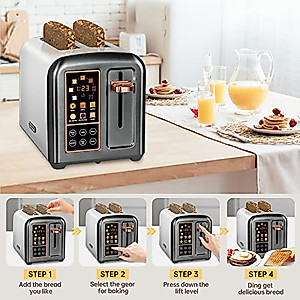SEEDEEM Toaster 2 Slice, Stainless Steel Bread Toaster with LCD Display and Touch Buttons, 50% Faster Heating Speed, 6 Bread Selection, 7 Shade Settings, 1.5''Wide Slots Toaster with Cancel/Defrost/Reheat Functions, Removable Crumb Tray, 1350W, Dark Metal