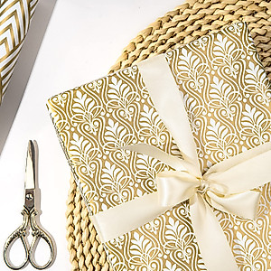 LeZakaa Gold Wrapping Paper Roll - Mini Roll - Geometric Patterns/Floral/Heart for Wedding, Bridal Shower, Birthday - 17 x 120 inches - 3 Rolls (42.5 sq.ft.ttl.)