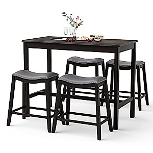 GOFLAME 5 Pieces Bar Table Set, Bistro Table Set for 4, Counter Height Pub Table with 4 Upholstered Stools, Modern Kitchen & Dining Room Table Set, Breakfast Table Set for Home, Restaurant, Pub