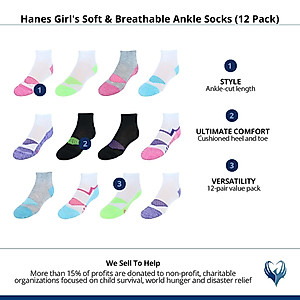 Hanes girls Cool Comfort Ankle Socks, 12-pair Pack fashion liner socks, Assorted, Medium US
