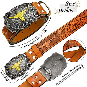 RechicGu Mens Western Leather Buckle Belt, Bull Head Engraved Brown Cowboy Concho Belts With Long Horn Bull Buckles, 1-1/2 Inch Wide S Silver