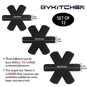BYKITCHEN Pan Protector with Stars, Set of 12 and 3 Different Sizes, Black Pan Separators, Felt Pot Protectors for Stacking and Separating Your Cookware