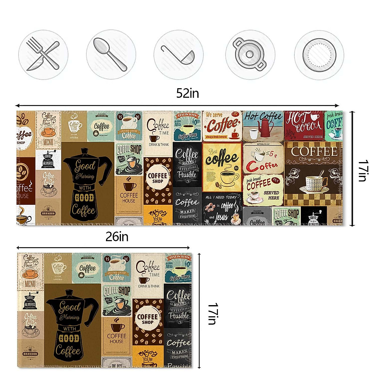 PRUKIVRA Kitchen Rugs and Mats,Non Skid Washable,Coffee Themed,Set of 2,Anti-Fatigue Comfort Standing Mat for Floor, Office, Sink, Laundry(17"x52"+17"x26")