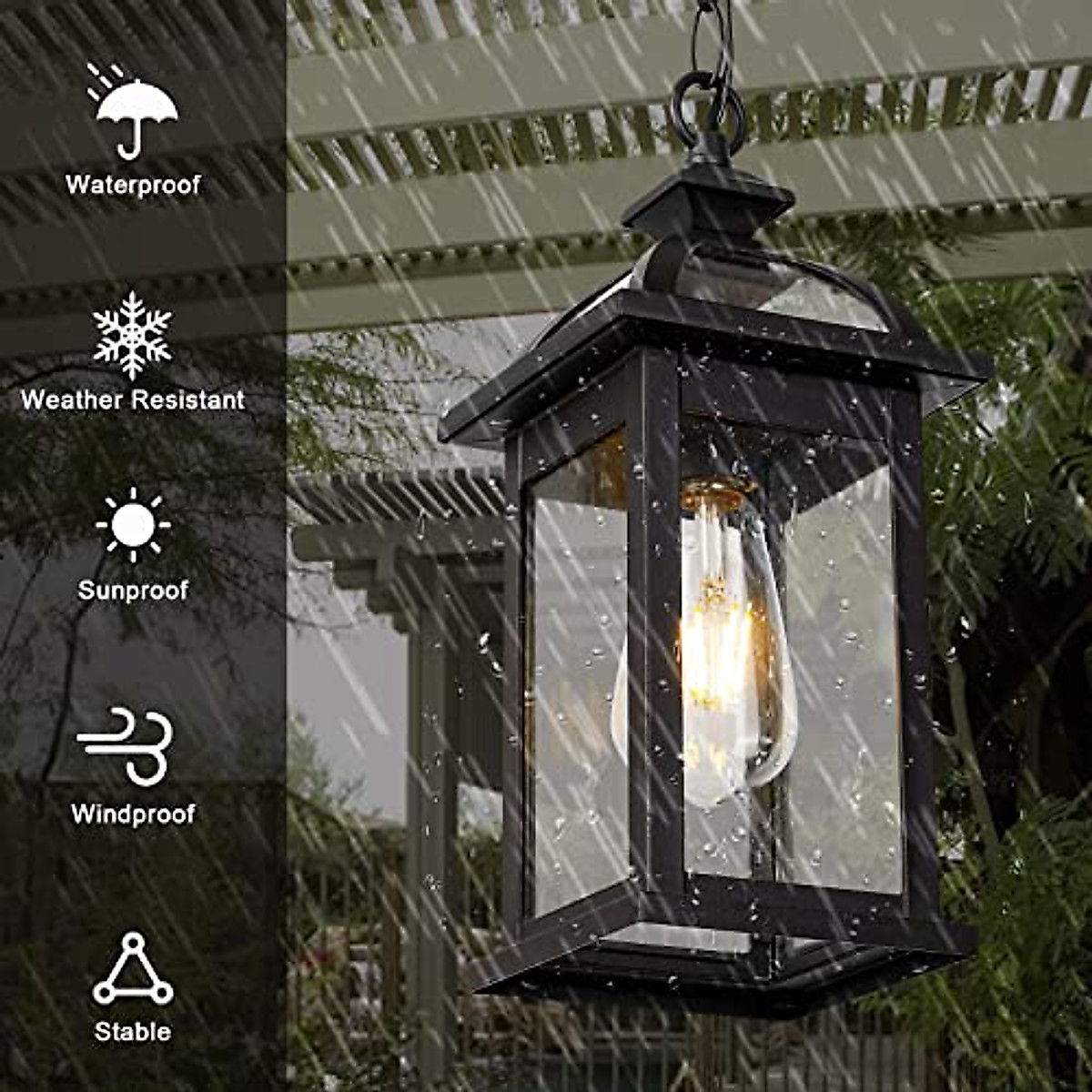 Darkaway Outdoor Pendant Light Fixture Lantern, Hanging Porch Light with Glass Aluminum Outdoor Pendant Lights for Porch, Patio, Entryway (1 Pack, Black)