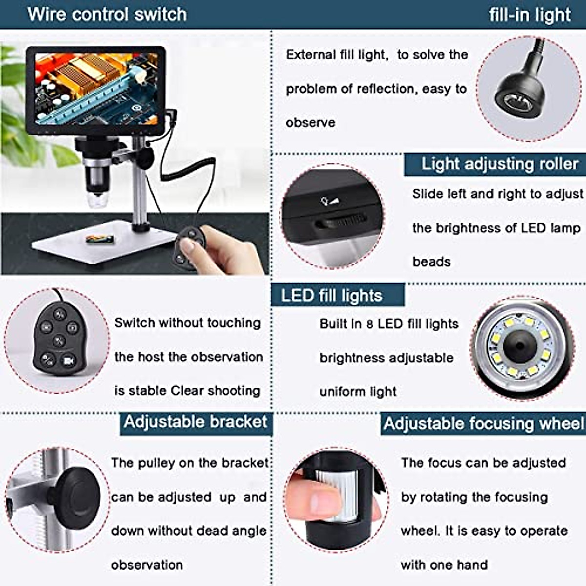 XClifes 7' Digital USB Microscope, 1080p HD Microscope, 1200X Camera Sensor, Wired Remote Control, 10LED Light, Adult Electronic Microscope, Compatible with Windows/Mac OS