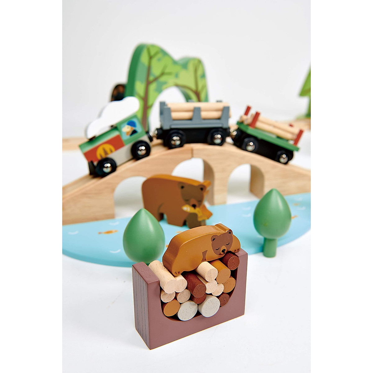 Tender Leaf Toys - Wild Pines Train Set - 95 Pieces Wooden Train & Bridge Set for Kids, Toddler Boys & Girls - Compatible with Most Toy Trains - Age 3+