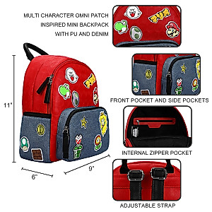 Super Mario Icon Patches red and denim tone Embossed Mini Backpack