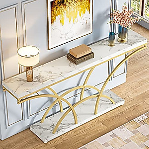LITTLE TREE Faux Marble Console Sofa Table with Gold Half-Moon Legs,Mid-Century Modern Accent Tables for Entryway, Living Room