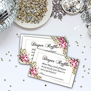 Diaper Raffle Tickets for Baby Shower (50 Count) 3.5" x 2" with Name Line, Pink Flower Design