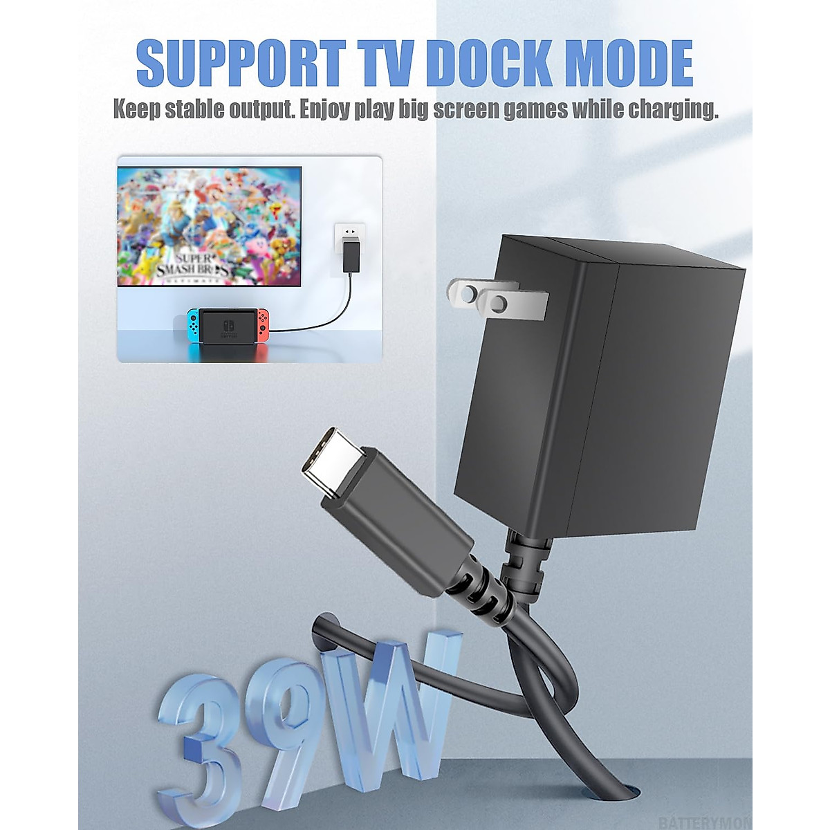 15V 2.6A AC Adapter Replacement for Nin-tendo Switch Game Console Switch Lite, Switch Dock Switch Pro Controller, Wall Charger with 5ft Type C Cable (Support TV Mode/Dock Station)