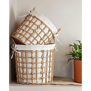 GIB Set of 3 Round Woven Wicker Storage Baskets with Handles & Liners, Natural Jute Decorative Laundry Hampers Baskets Storage Organizer for Blankets, Toys, Bathroom, Living Room, Closet & Shelves