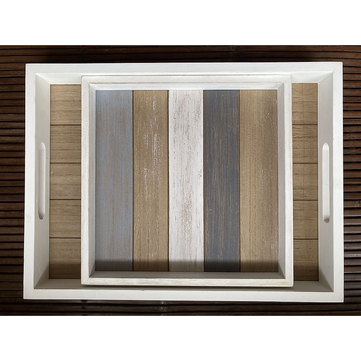 Set of 2 Wooden Serving Trays for Ottoman and Coffee Table Lap Tray (16.3x12.2x2 & 11x11x1.5 Inches, Multicolor)