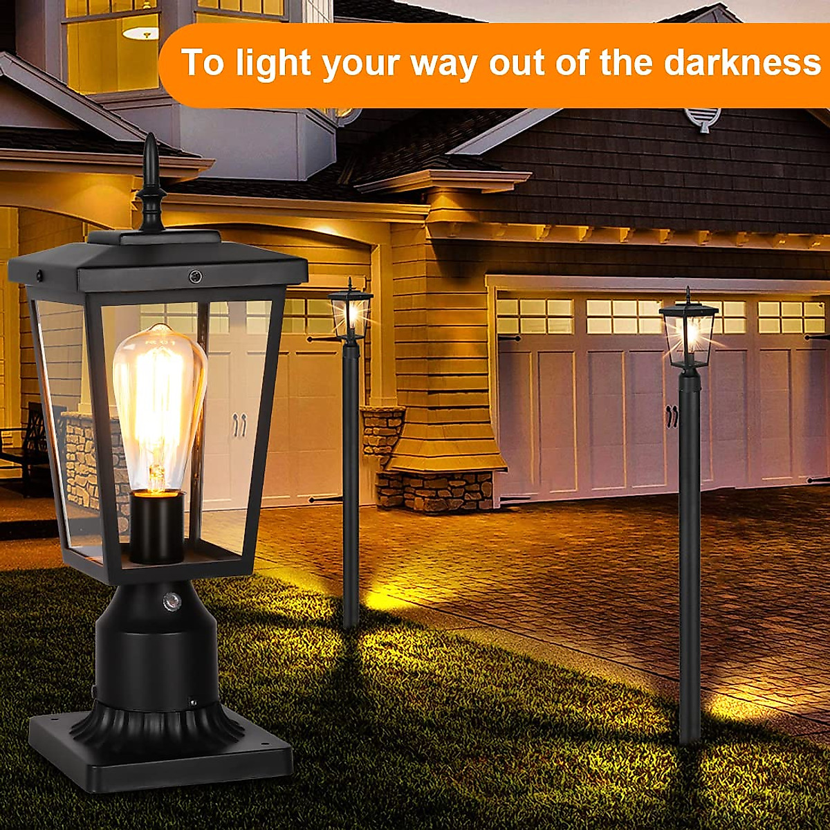 LEDMO Post Light with Pier Mount Base Dusk to Dawn, 60W Outdoor Waterproof Lamp Post Fixture, Exterior Lamp Post Lantern Head with Clear Seeded Glass for Garden, Patio, Pathway