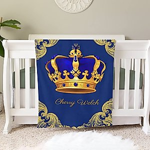 Yeshop Personalized Baby Blanket Blue Golden Crown Custom Nursery Swadding Blankets 30x40 Inches for Baby Boy Girl with Name Baby Shower Birthday Gift