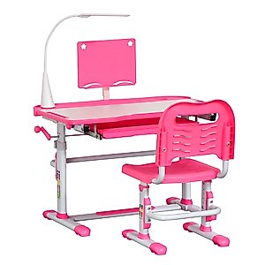 Qaba Kids Desk and Chair Set, Height Adjustable School Study Table and Chair, Student Writing Desk with Tilt Desktop, LED Light, Pen Box, Drawer, Reading Board, Cup Holder, and Pen Slots, Pink