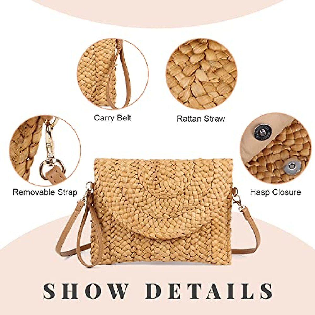 Emprier Women's Summer Straw Clutch Purse Beach Clutch Purse Bags Woven Straw Shoulder Bags Casual Envelope Wristlets Purse