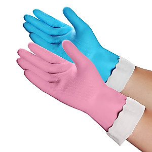 HSL Household Cleaning Gloves - 2 Pairs Reusable Kitchen Dishwashing Gloves with Latex Free, Cotton lining, Waterproof, Non-Slip (Medium)