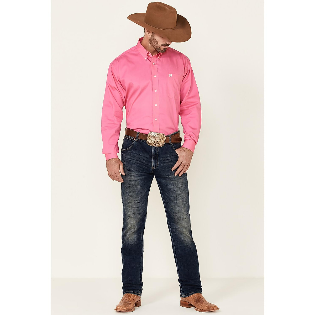 Cinch Men's Classic Fit Long Sleeve Button One Open Pocket Solid Basic Shirt, Pink, Large