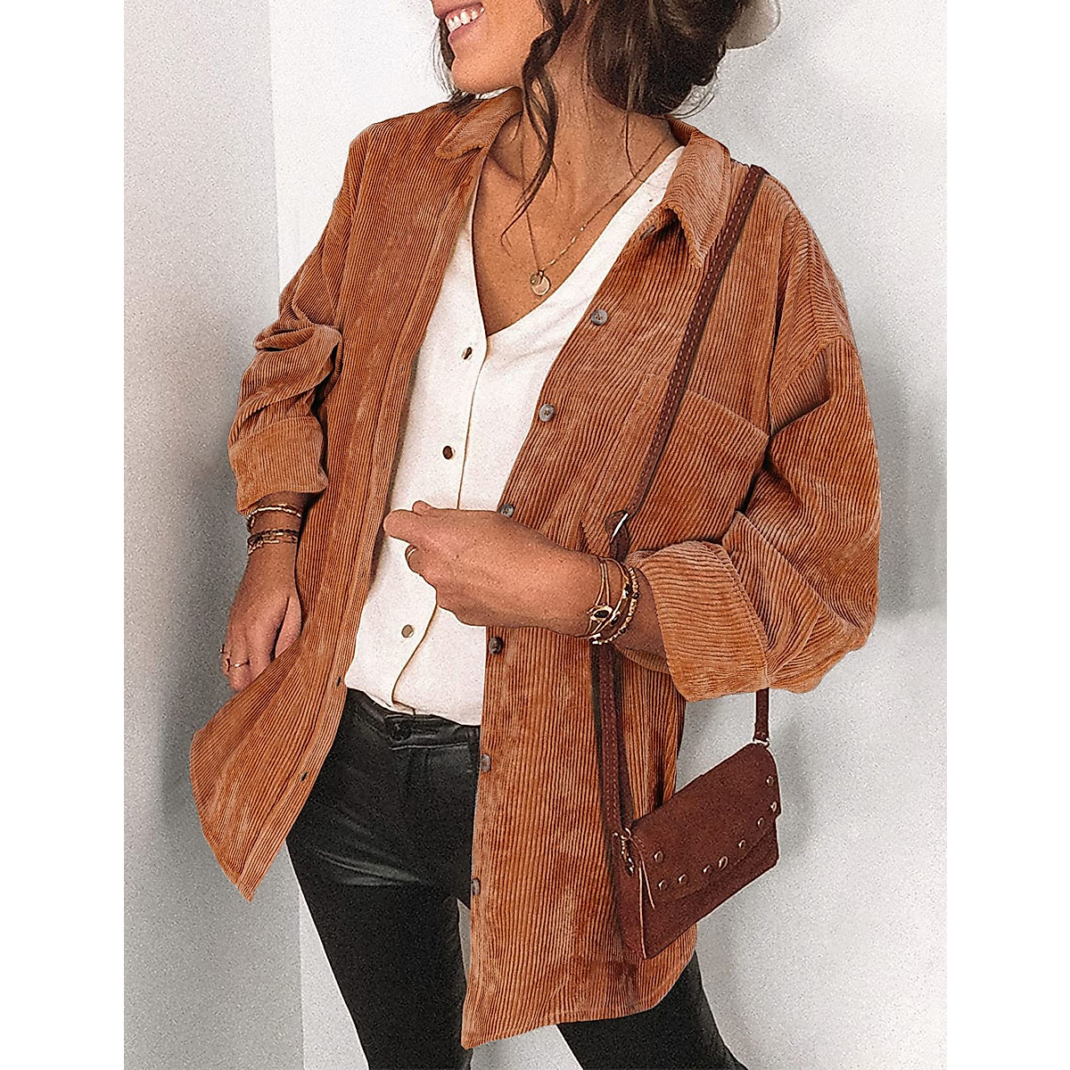 Saslax Womens Corduroy Shirt Long Sleeve Oversized Button Up V Neck Blouses Tops Loose Shacket Jacket with Pockets Burnt Oranage L