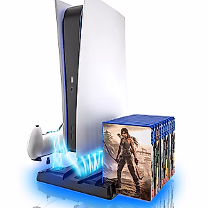 HEATFUN PS5 Charger Stand with Cooling Fan, 3 Levels Adjustable Speed, 12 Game Rack Organizer, Dual USB Ports, LED Indicator, Compatible with Disc and Digital Versions