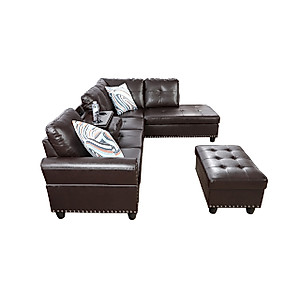 VURAX 3-Piece Faux Leather Sectional Sofas with Left Chaise Longue and Storage Ottoman, Button Tufted Upholstered Couch Set, for Living Room, Home, Office, 97inch, Dark Brown 1