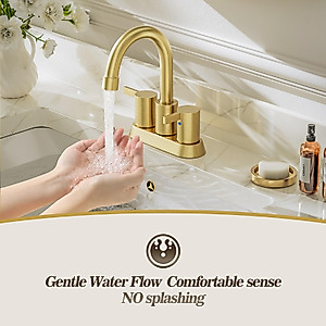 Brushed Gold 4 Inch 2 Handle Centerset Lead-Free Bathroom Faucet, Swivel Spout with Copper Pop Up Drain and 2 Water Supply Lines, BF015-1-BG