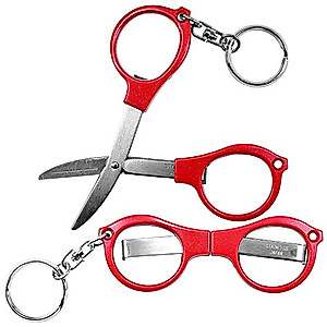 Seki Japan Folding Safety Scissors, Stainless Steel Blade Glasses Shear, Red Plastic Handle with Key Chain, for Fabric, Embroidery, Arts Crafts