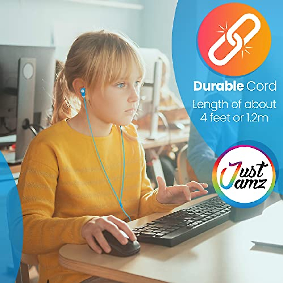 JustJamz Bulk Earbuds Bits, 100 Pack of Colorful in-Ear Earbuds, 3.5mm Stereo in-Ear Earphones, Bulk Earbuds, Disposable Headphones, Multi-Color Earphones for Schools, Kids, Classrooms & Libraries