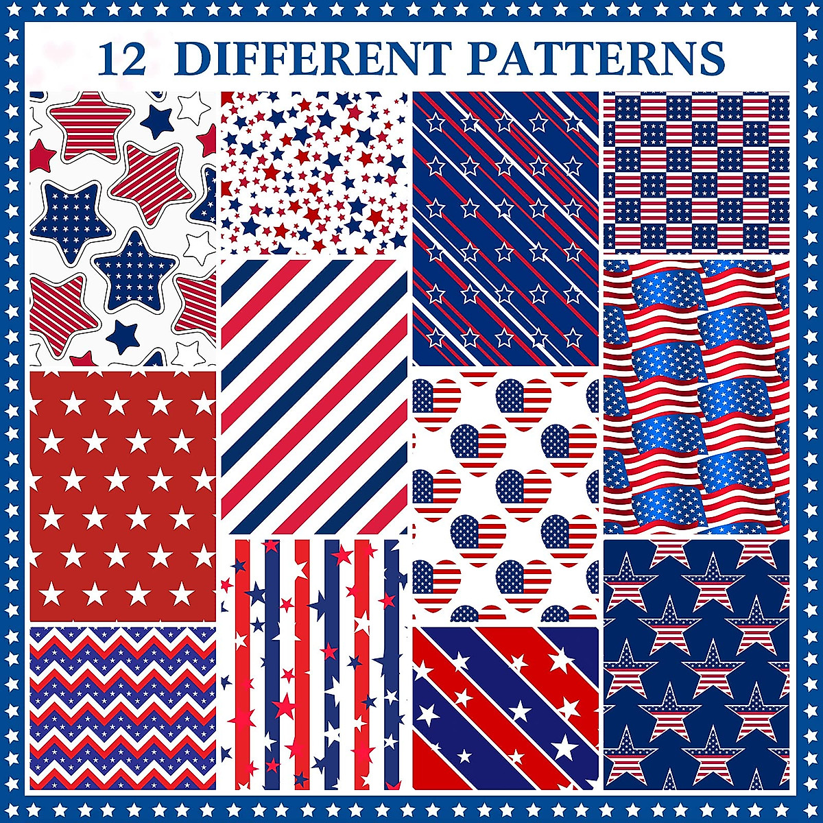 60 Pcs Cotton Jelly 4th of July Fabric Roll Independence Day Fabric Strips Cotton Jelly Fabric Patriotic Quilting Fabric Roll for Sewing DIY Patchwork, 12 Styles