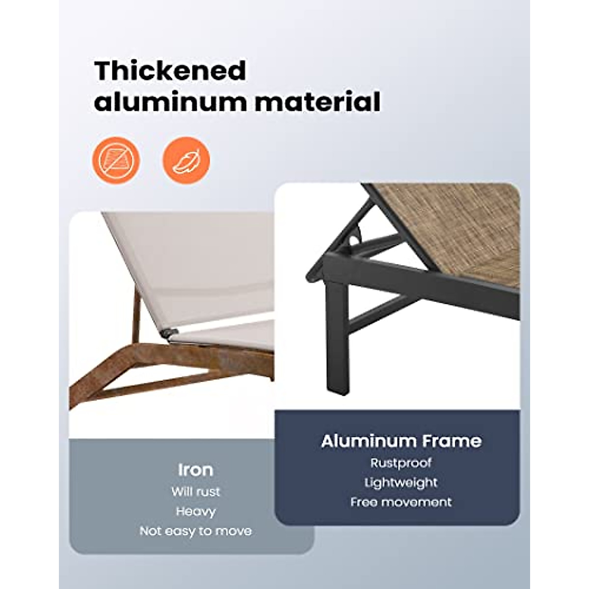 Pellebant Outdoor Lounge Chairs Set of 2, Patio Aluminum Chaise Lounge with Adjustable Backrest, Rustproof Pool Lounge Chairs for Pool Deck Sunbath(2pcs,Grey&Brown)