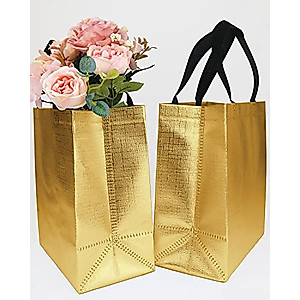 HUANN 12 Pcs Gold Gift Bags Medium Size Shine Reusable Gift Bags with Handles Metallic Glossy Non Woven Gift Bags for Wedding Christmas Party Birthday 8 x 5 x 10 Inch