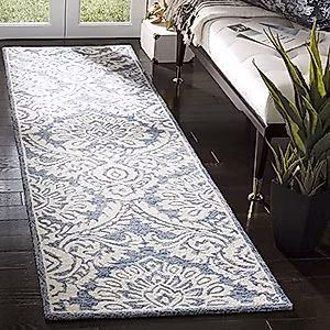 SAFAVIEH Blossom Collection Runner Rug - 2'3" x 12', Blue & Ivory, Handmade Wool, Ideal for High Traffic Areas in Living Room, Bedroom (BLM106M)