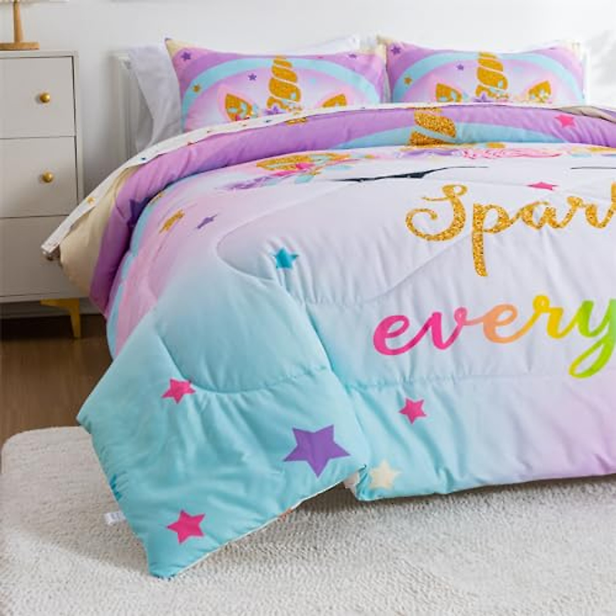 NTBED Unicorn Twin Comforter Set with Sheets,5 Pieces Kids Bedding Sets for Girls, Lightweight Microfiber Star Rainbow Bed in a Bag,Blue Purple