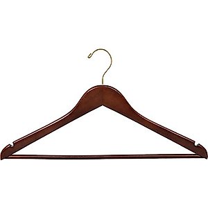 Wooden Suit Hanger with Walnut Finish and Solid Wood Pant Bar, Box of 100 Flat 17 Inch Hangers with Notches and Brass Swivel Hook by The Great American Hanger Company