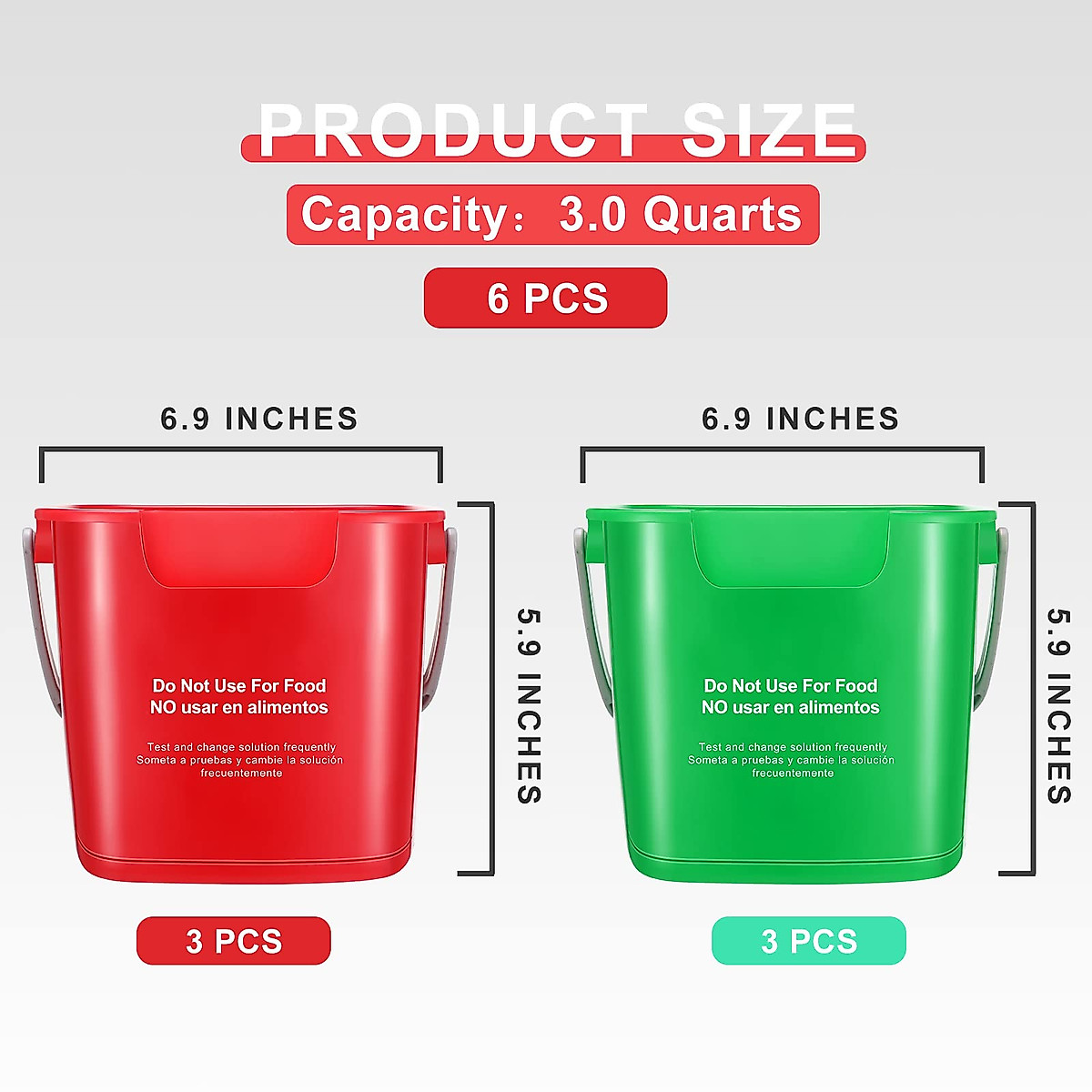 Roshtia 6 Pcs 3 Quart Cleaning Bucket Small Sanitizing Square Bucket Detergent Pail for Home Commercial Restaurant Kitchen Office School (Green, Red)