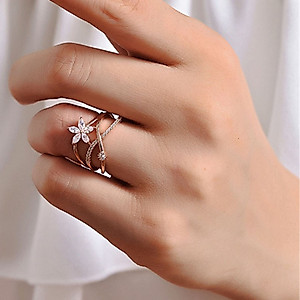 AIMAOMI Inlaid Zircon Flower Ring for Women CZ Simulated Diamond Wedding Ring Proposal Engagement Ring (Rose Gold, 8)