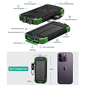 BLAVOR Solar Charger Power Bank, Qi Wireless Charger 10,000mAh External Battery Pack Type C Input Output Dual Super Bright Flashlight, Compass Carabiner, Solar Panel Charging(Dark Green)