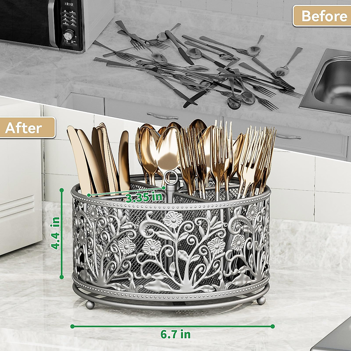 YIUKEA 360° Rotating Utensil Caddy - Silverware Cutlery Caddy Holder with 4 Compartment, Metal Flatware Organizer Countertop with Handle for Party Camping Picnic, Kitchen Counter, Office (Silver)