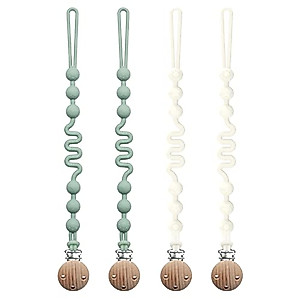 Silicone Pacifier Clip with Adjustable Spring, 4 Pack Extra Long Pacifier Holder Clips for Baby Boys and Girls, Seposeve Soft Flexible Pacifier Leashes with 3 Textures, 2 Green + 2 White