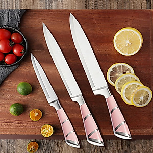 BFYLIN 3PCS Professional Chef Knife Set, Sharp Japanese Kitchen Knife, German High Carbon Stainless Steel 8 inch chef's knives, 8 inch slicing knife,5 inch Knife Utility Knife (3PCS-Pink)