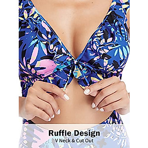 SOCIALA Womens Ruffle One Piece Swimsuit Cutout Strappy Monokinis Swimwear Bathing Suits(Medium, Navy Flower)
