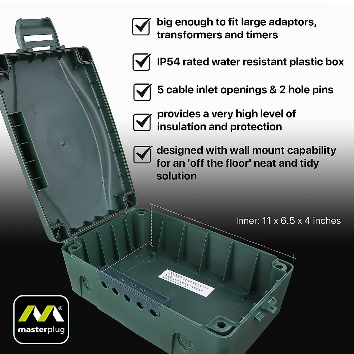 MASTERPLUG Weatherproof Cord Protector Box - Outdoor Waterproof Plastic Box Plug Cover, Durable Extension Cord Holder, Multi Plug Outlet Organizer