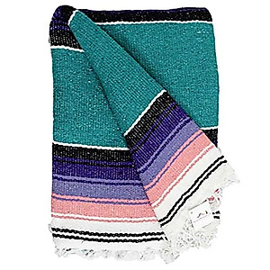 Open Road Goods Teal/Turquoise Diamond Mexican Yoga Blanket, Thick Serape with Pink Sunset Stripes - Handmade Blanket