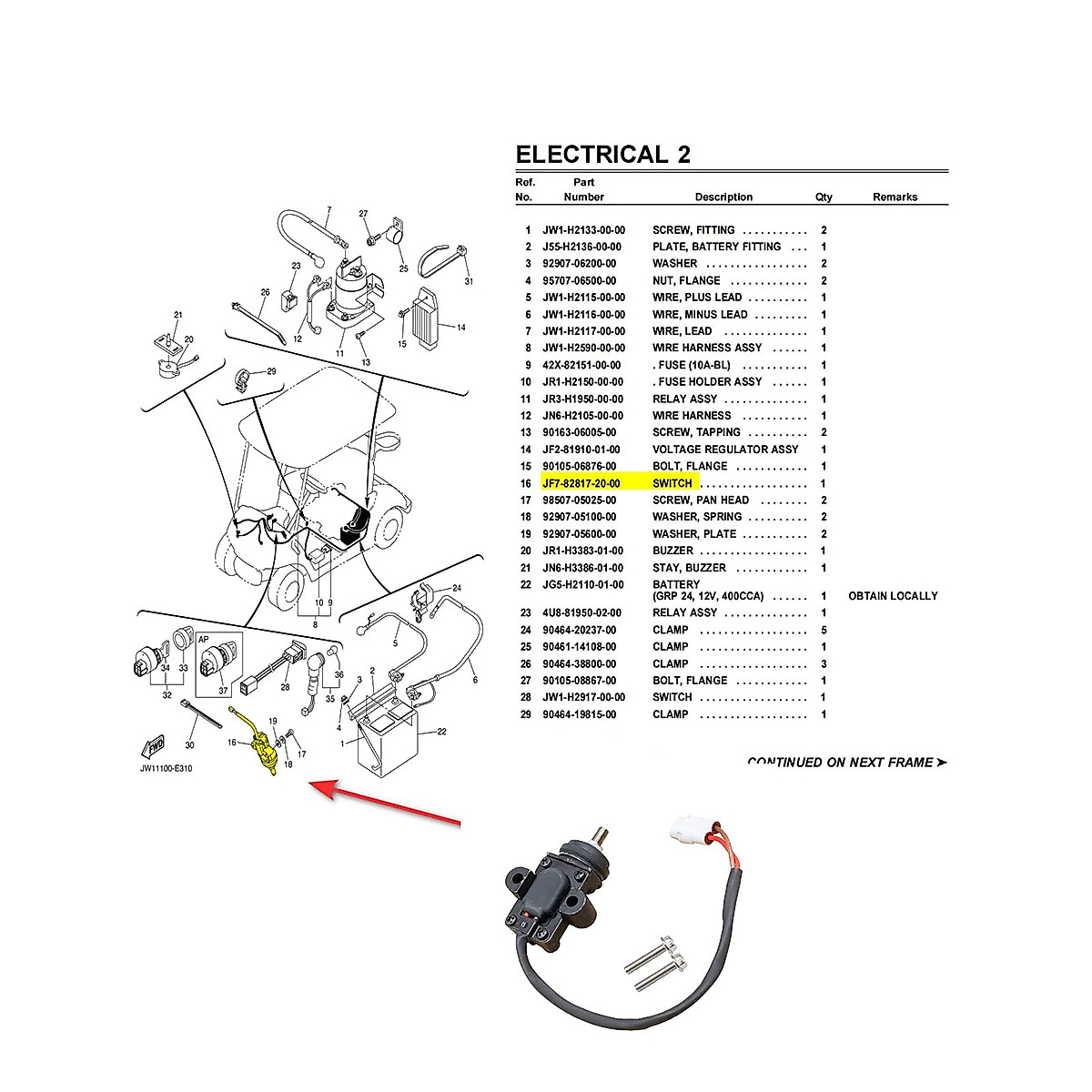 Drive-up Golf Cart Stop Switch Fits Yamaha G14, G16, G19, G22 G29 Gas/Electric Models, JF7-82817-20