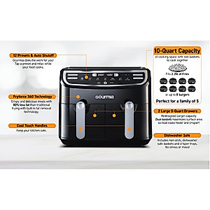 Gourmia 9-Quart Dual Basket Digital Air Fryer, with 7 Functions, Smart Finish and Match Cook,Black/Silver