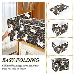 SUABO Cute White Unicorns Flowers Storage Bin with Lid Large Oxford Cloth Storage Boxes Foldable Home Cube Baskets Closet Organizers for Nursery Bedroom Office